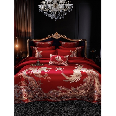 新家纺高级婚庆四件套新中式刺绣龙凤大喜全棉结婚房十件套大红
