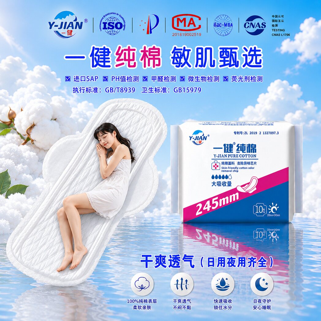 一健纯棉敏感肌舒适安全亲肤除异味专利日用夜用姨妈巾卫生巾透气