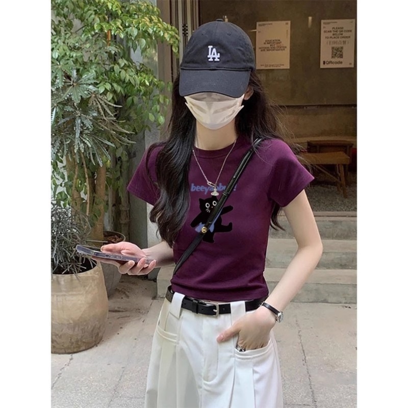 纯棉短袖t恤女夏季新款美式复古可爱印花修身显瘦正肩bm短上衣 商品图