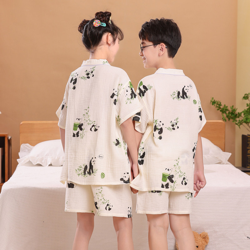 儿童纯棉汗蒸服双层纱男童女童国风可爱宝宝亲子全棉浴服家居睡衣
