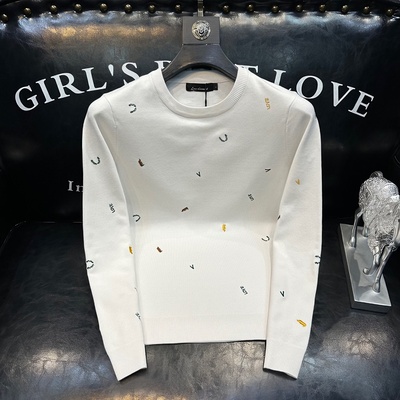 潮男新伊2024秋新款套头针织衫圆领时尚冬季刺绣帅气百搭针织毛衣