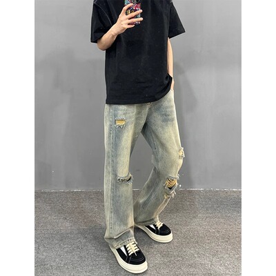 0929r美式高街破洞牛仔裤男薄款潮牌lait显瘦复古直筒微喇长裤
