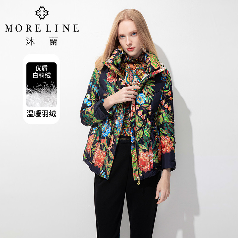 MORELINE商场同款印花羽绒服女冬装复古连帽御寒外套宽松