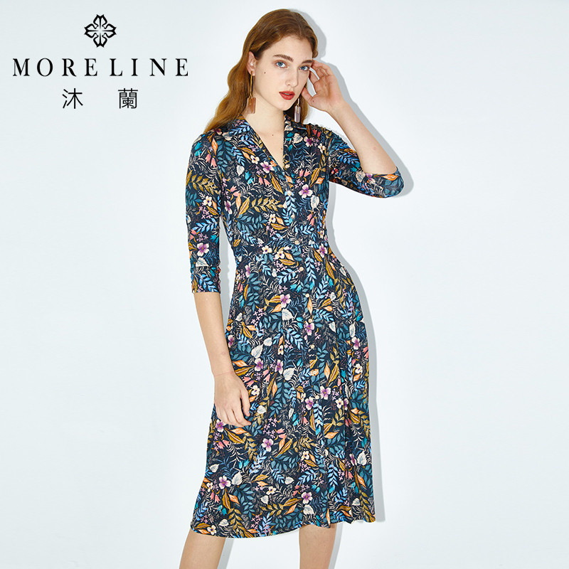 MORELINE商场同款春手绘艺术印花时尚雅致干练针织长袖连衣裙