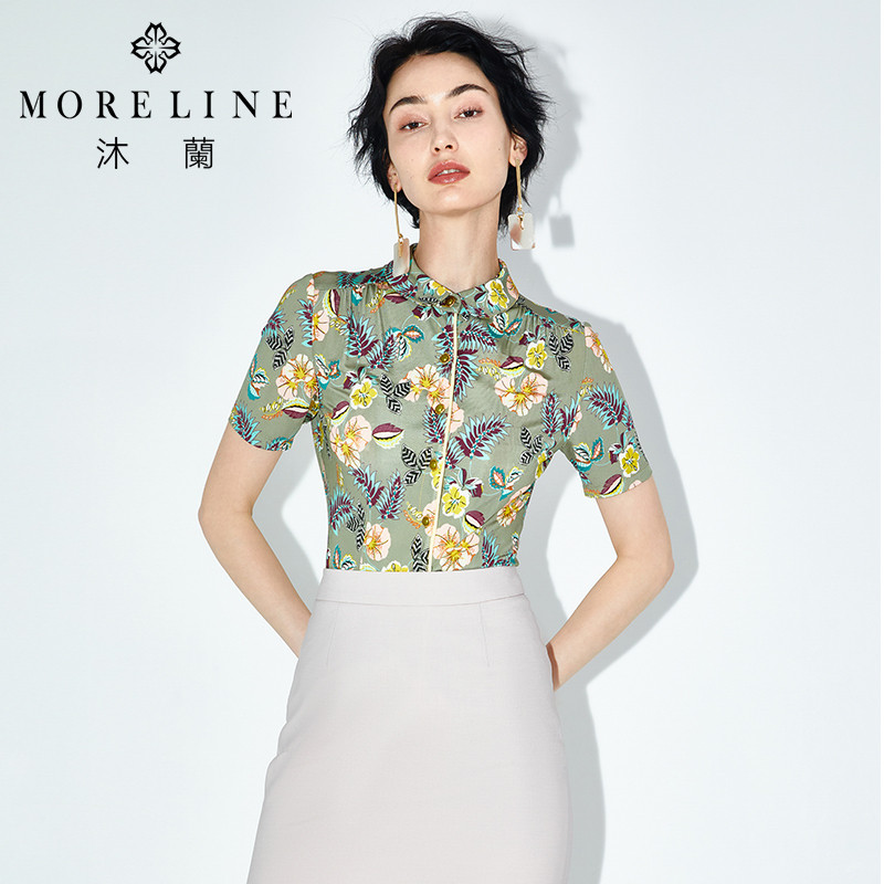 MORELINE沐兰衬衣女士复古印花修身显瘦百搭翻领衬衫