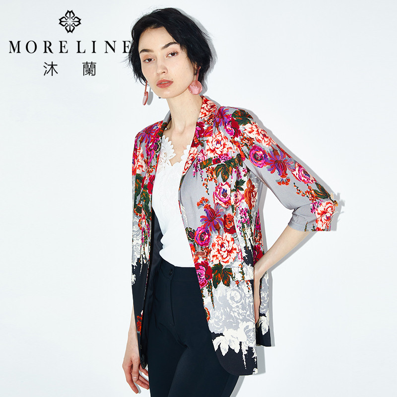 MORELINE商场同款春法式翻领花朵印花小西装女高级感百搭外套