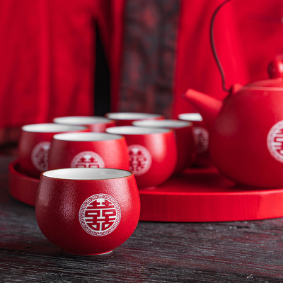 结婚茶具礼盒套装中式陶瓷红色敬茶杯婚庆送礼用品敬茶壶改口茶杯