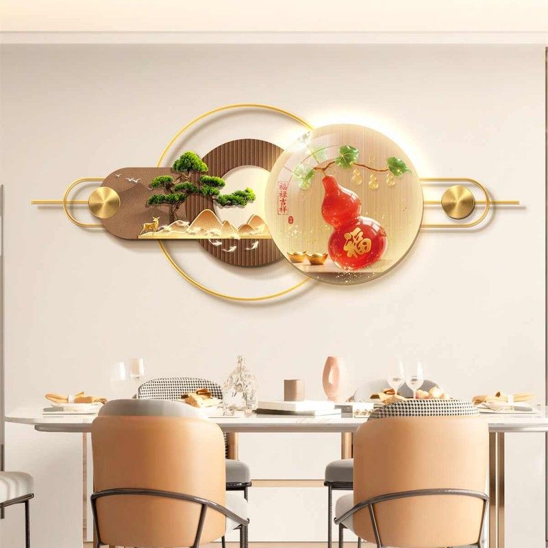 餐厅立体壁画新中式寓意好led氛围灯画铁艺金属墙面装饰挂画新款