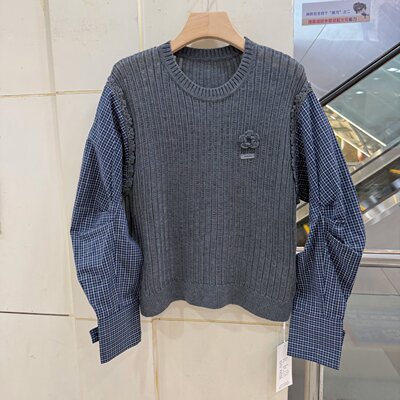 416-9620假两件格纹拼接针织衫女圆领长袖时尚休闲绵羊毛上衣26秋