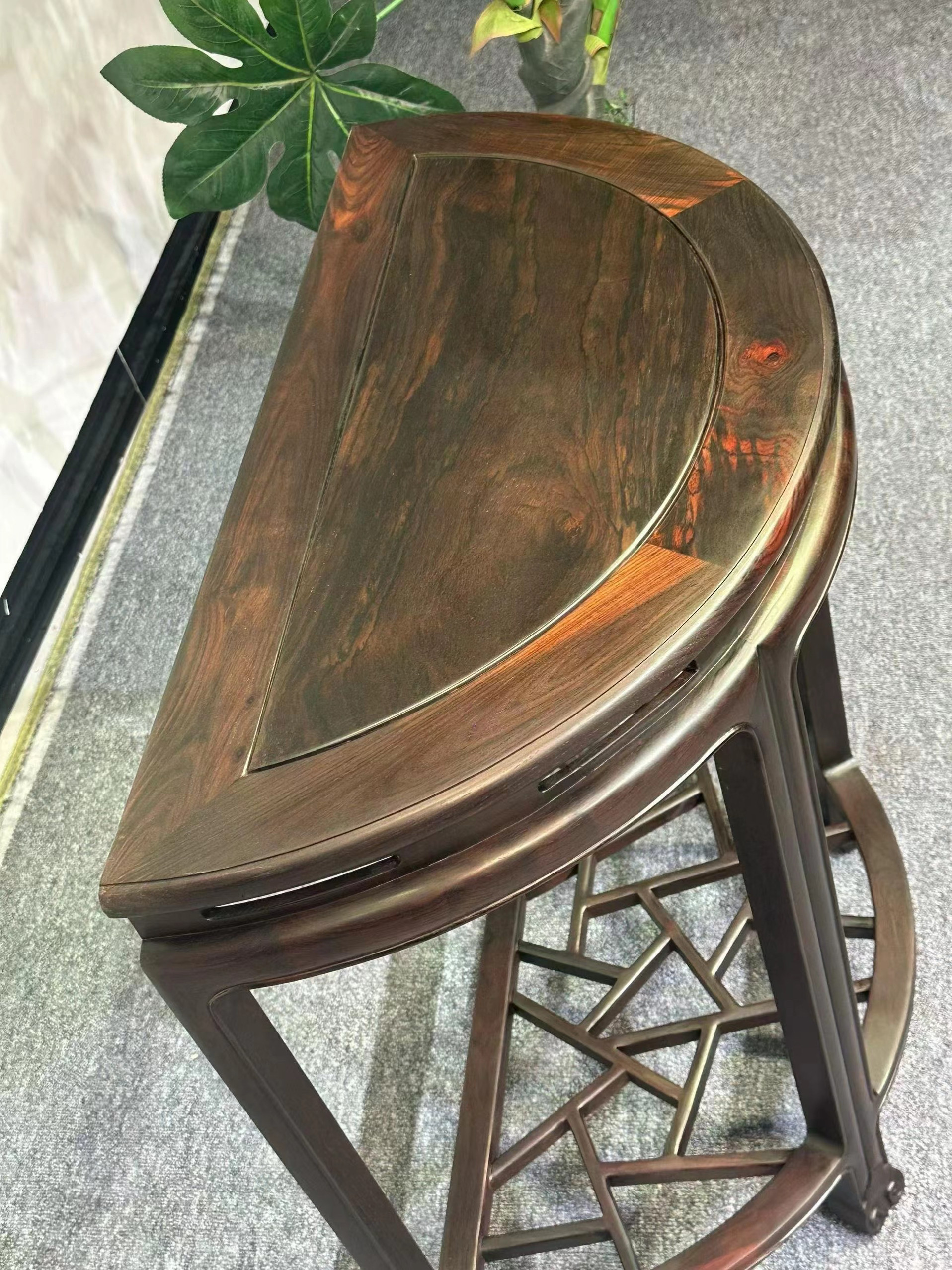 老挝大红酸枝半圆桌中式花架花几花架台盆景架玄关半圆形实木半圆