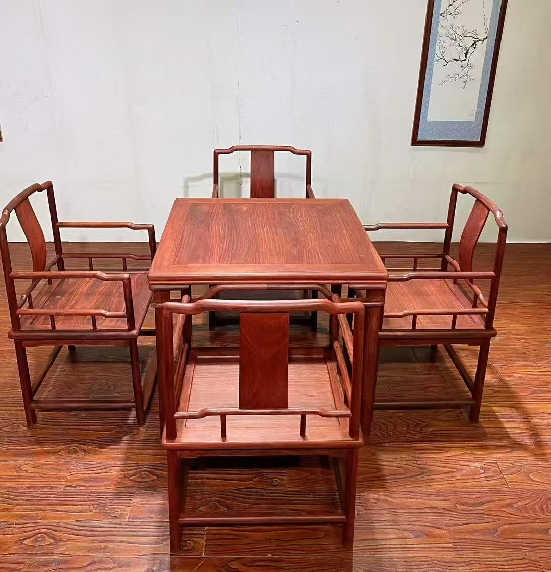 老挝大红酸枝交趾黄檀麻将桌休闲桌五件套打牌桌餐桌清式明式家具