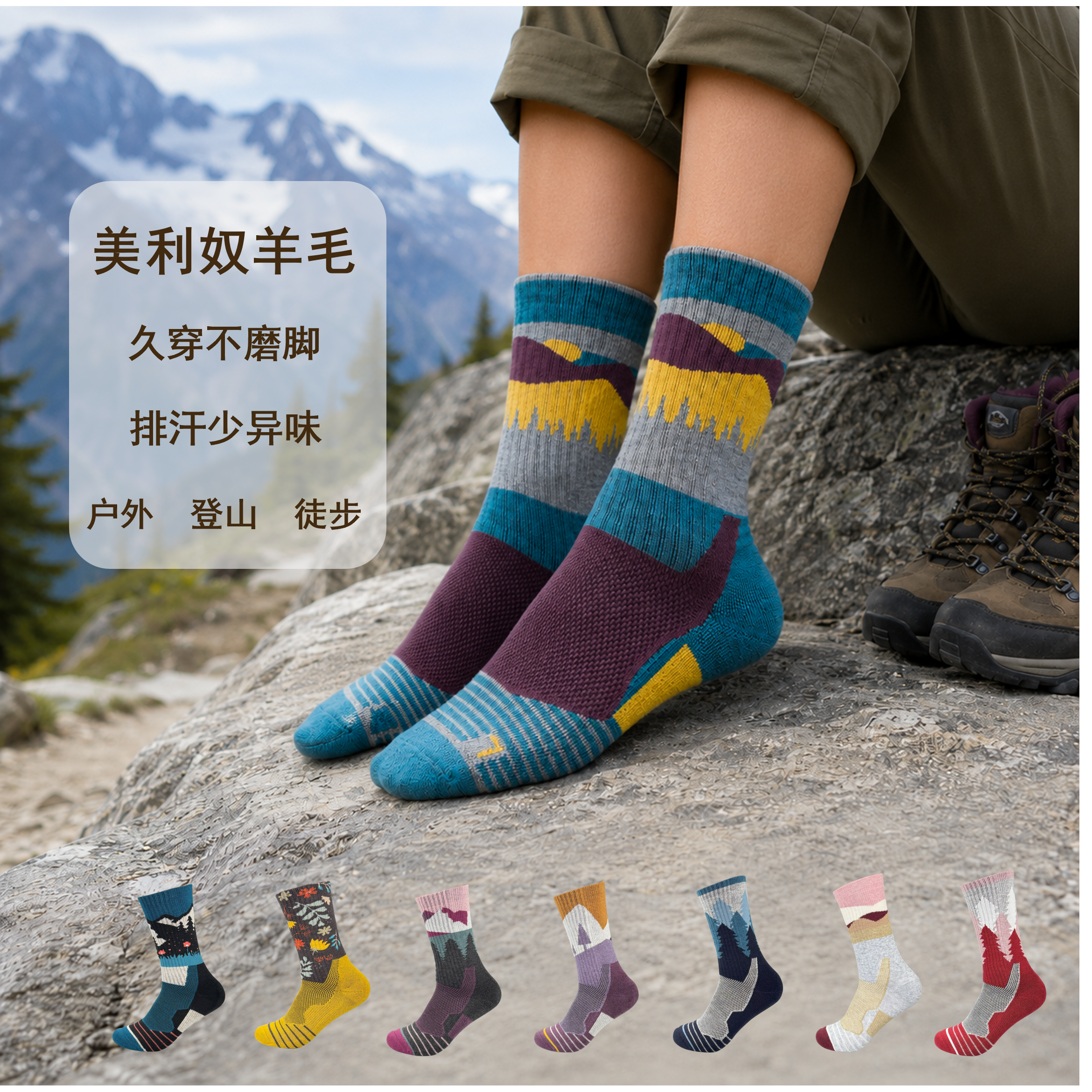 美利奴羊毛袜女款运动袜户外登山徒步越野加厚保暖防臭抗菌中筒袜