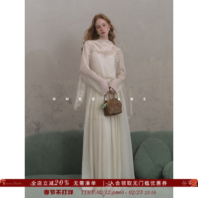 ONEELABS原创品牌 重工绣花亮片 双层裙摆 法式优雅飘带连衣裙女