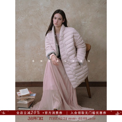 ONEELABS原创品牌 可双面穿 内里90白鸭绒 粉灰色轻薄排骨羽绒服