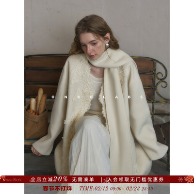 ONEELABS原创品牌 蕾丝贴布绣花工艺 围巾飘带 100绵羊毛双面大衣
