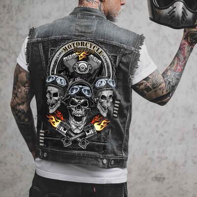 Men's denim vest 潮男牛仔马甲暗黑风骷髅骨头印花无袖百搭2025
