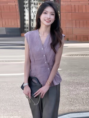 法式紫色无袖v领苎麻背心T恤