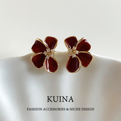 红色珐琅花朵耳钉女轻奢气质