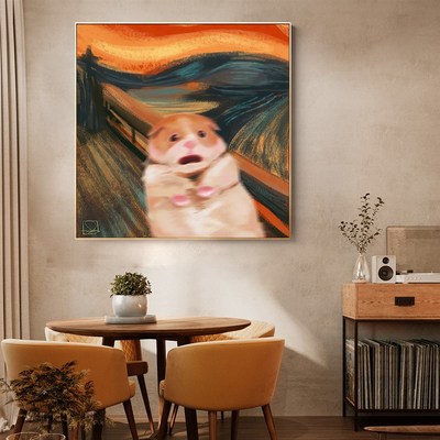 萌趣恶搞蒙克仓鼠呐喊复古花卉宠物客厅餐厅儿童房装饰画