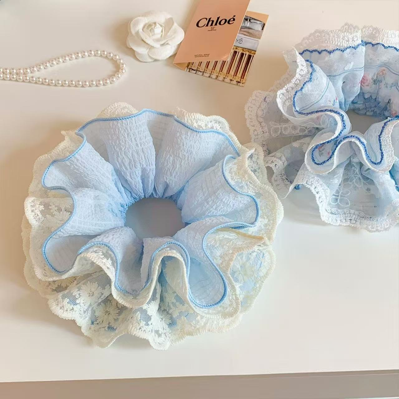 复古碎花法式浪漫手工镂空大肠发圈发饰洛丽塔双层大号蕾丝花边发