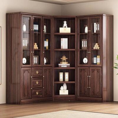 新中式胡桃木实木用书柜书黑架书53030置橱家落地带玻璃门收纳柜