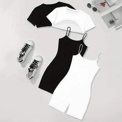 FourPiece Set Womens Solid High Low Crop Tee Cami Romper