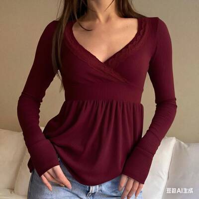 Women Lace Trim Wrap VNeck Shirts Y2k Fairy Grunge Tee Tops