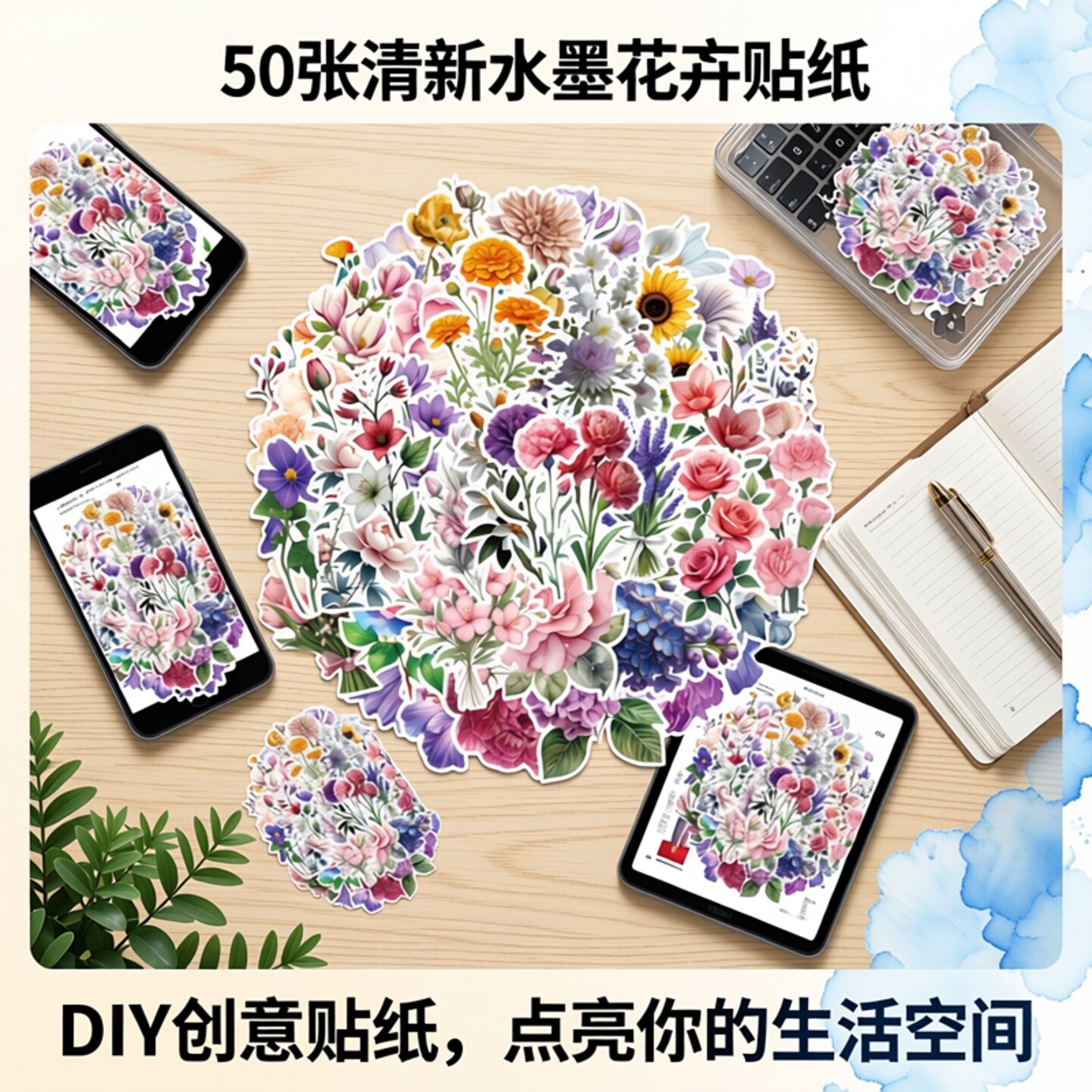 50张清新水墨花卉贴纸diy手机电脑笔记本充电宝水杯ipad桌面墙面收纳柜手账本吉他滑板防水文具贴画