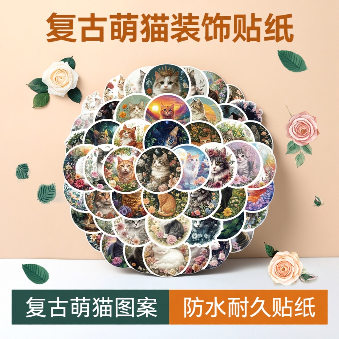 50张圆形复古花中小猫装饰贴纸diy手机电脑笔记本充电宝水杯行李箱桌面墙面收纳柜手账本滑板文具防水贴纸
