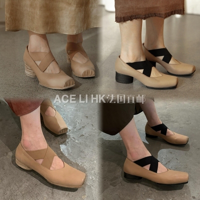 复古做旧牛皮方头绑带芭蕾舞鞋