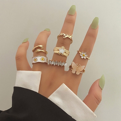 极速Vintage Y2K Rings Set For Women Metal GNold Color Yin Ya
