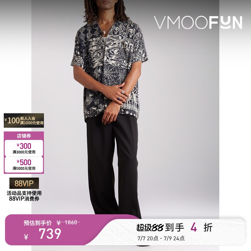 YMC春夏男士印花斜纹布黑色短袖衬衫