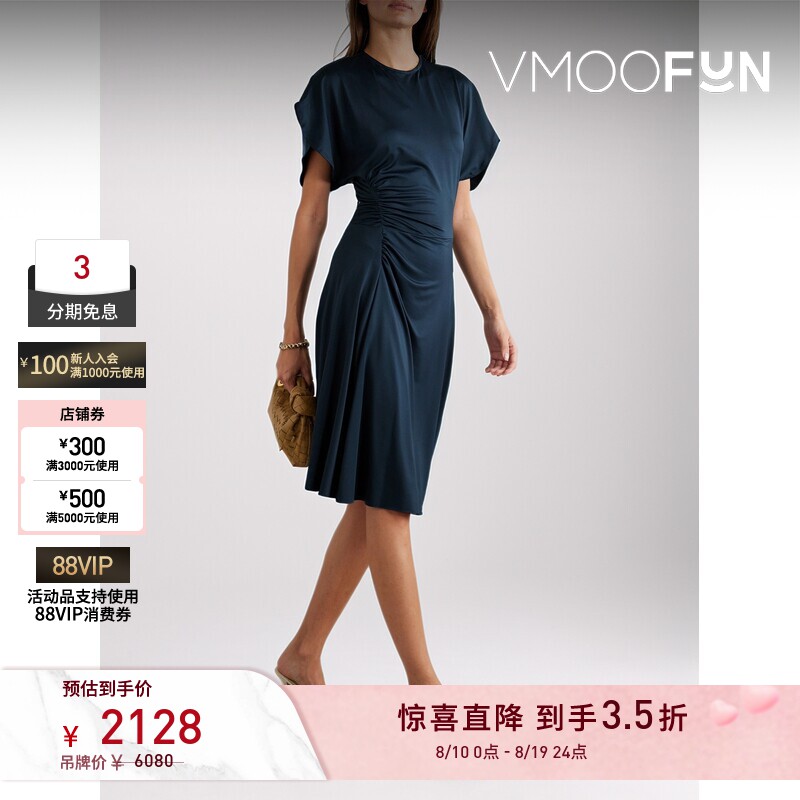 【夏季特惠】VICTORIA BECKHAM春女缩褶缎面平纹布中长连衣裙