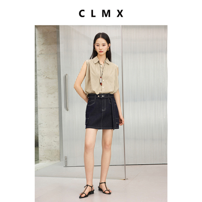 CLMX棉质条纹翻领无袖衬衫女