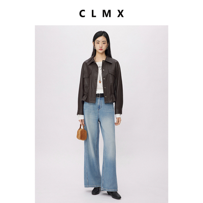 CLMXPU皮翻领短款抽绳收腰皮衣