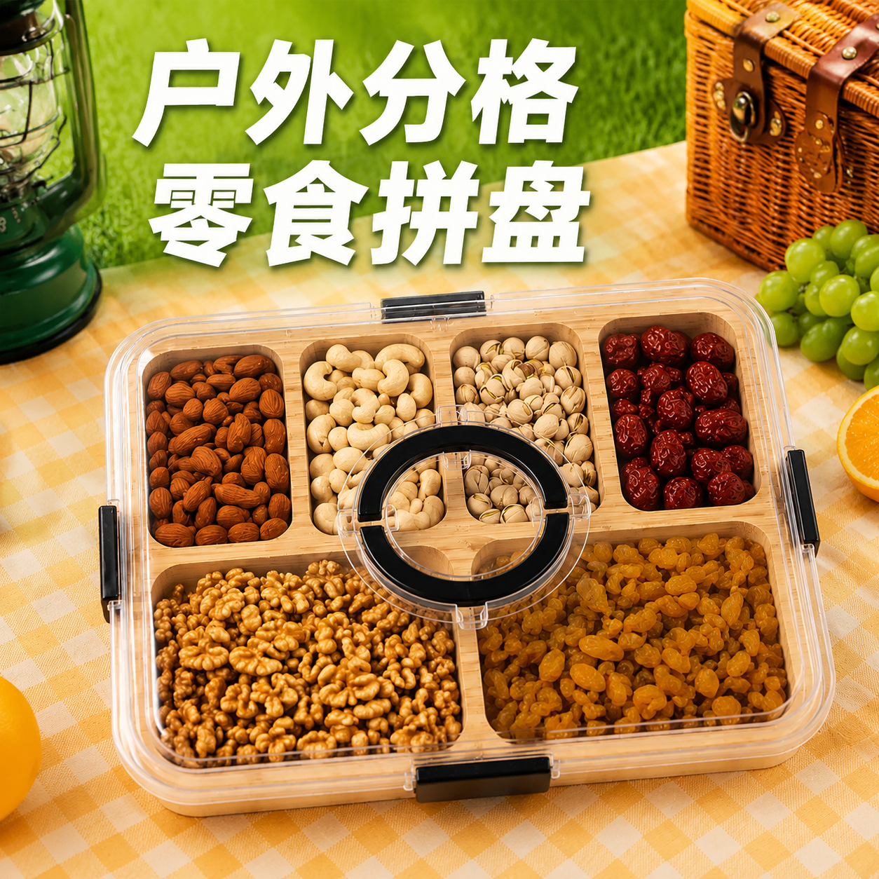 木质6格分区零食盘透明盖便携果盘露营野餐家用收纳托盘