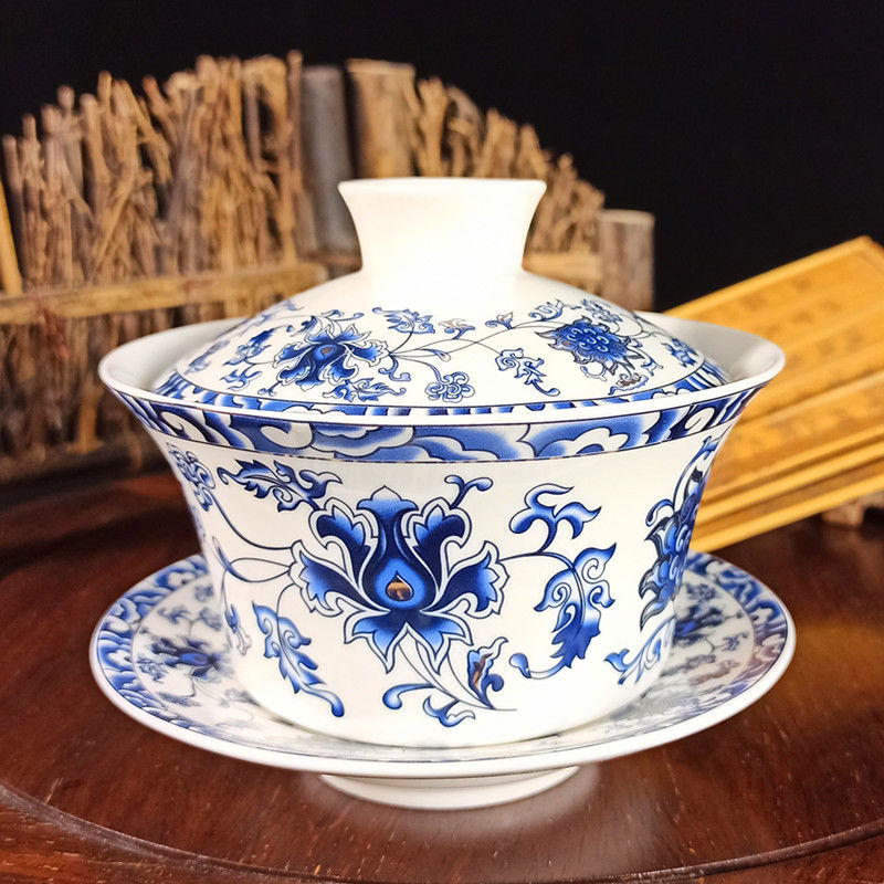 盖碗茶杯 茶碗大号茶具景德镇青花瓷泡茶碗陶瓷白瓷三才碗手