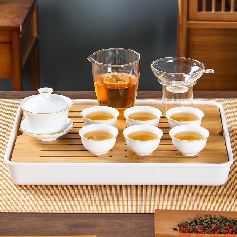 陶瓷白玉瓷功夫茶具套装整套简约办公家用三才盖碗茶杯公道杯
