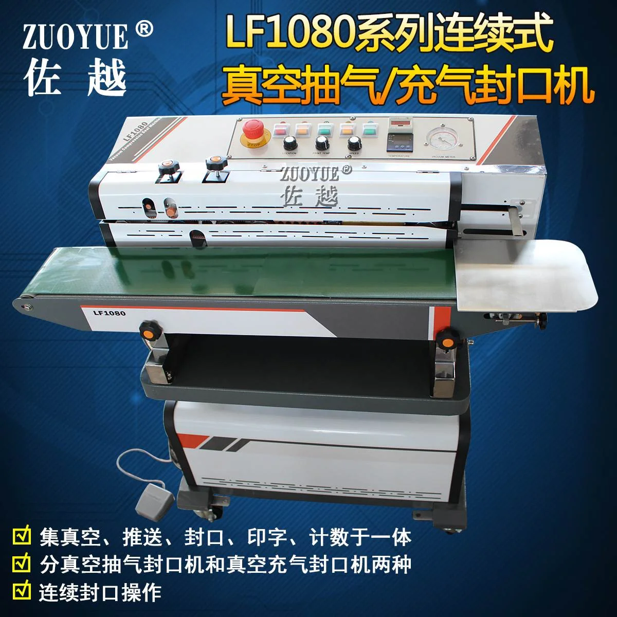 LF1080连续式真空抽气充气封口机 自动计数墨轮印字充氮气包装机