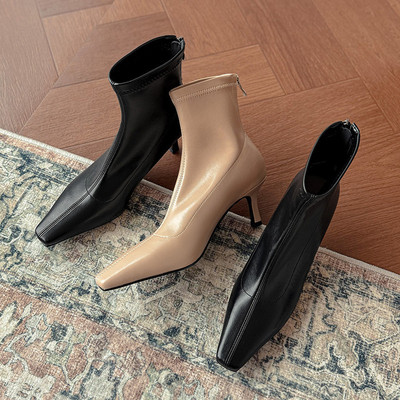 强推自留~！显腿长！法式小方头细高跟短靴简约秋冬弹力瘦瘦靴女