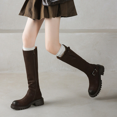 真皮骑士靴女2024新款秋冬季女鞋复古皮带扣长筒靴直筒显瘦靴子女