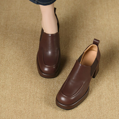 新款8cm粗高跟厚底一脚蹬真皮单鞋英伦风复古bai搭粗跟小皮鞋