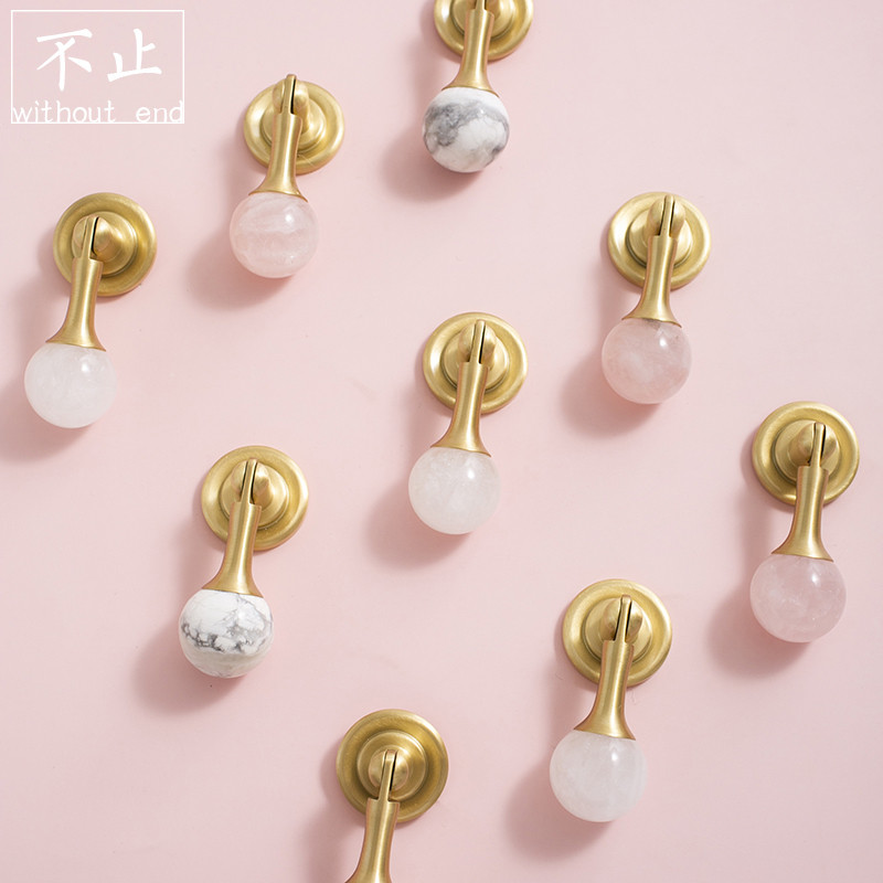 法式轻奢风原创设计黄铜水晶吊坠拉手橱柜衣柜门粉白色个性小拉手