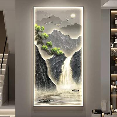 水走生玄关装财饰画入流户门廊过道挂画新中式山水竖版客厅OCO带