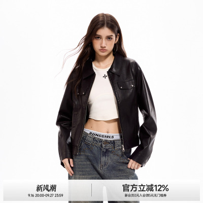 美式短款黑色皮衣外套女