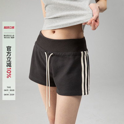 ICH MODE运动休闲条纹高腰美式复古短裤女抽绳设计感三分裤子女夏
