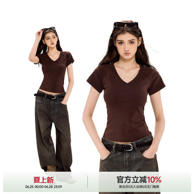 ICH MODE修身美式V领显瘦短袖T恤百搭复古纯色甜酷夏季打底上衣女