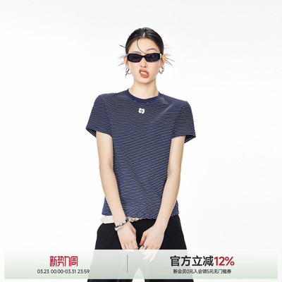 ICH MODE简约美式复古条纹夏季T恤女正肩显瘦百搭休闲夏新款短袖