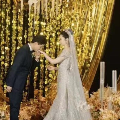 新款婚庆金色银色烫金布弹力布亮面镜面桌布婚礼舞台背景装饰布幔