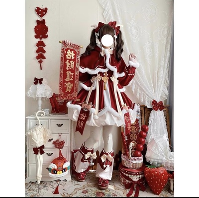 泡泡熊原创设计新年款小福兽lolita洛丽塔lo裙红色长袖连衣裙套装